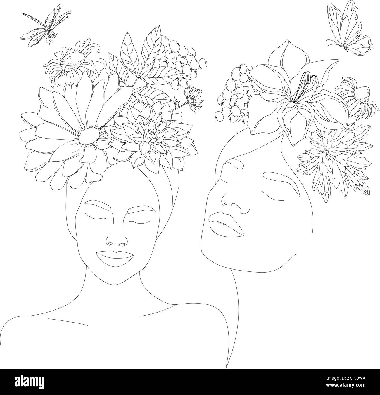 Two women with flowers on their heads. A woman with a flower face Stock ...
