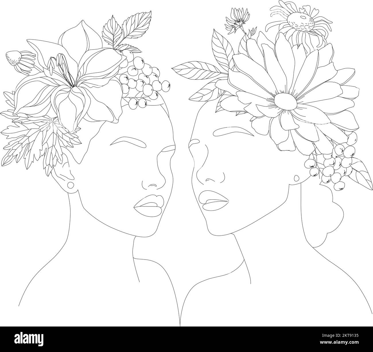 Two female faces. A female head with a vector drawing of a line of ...