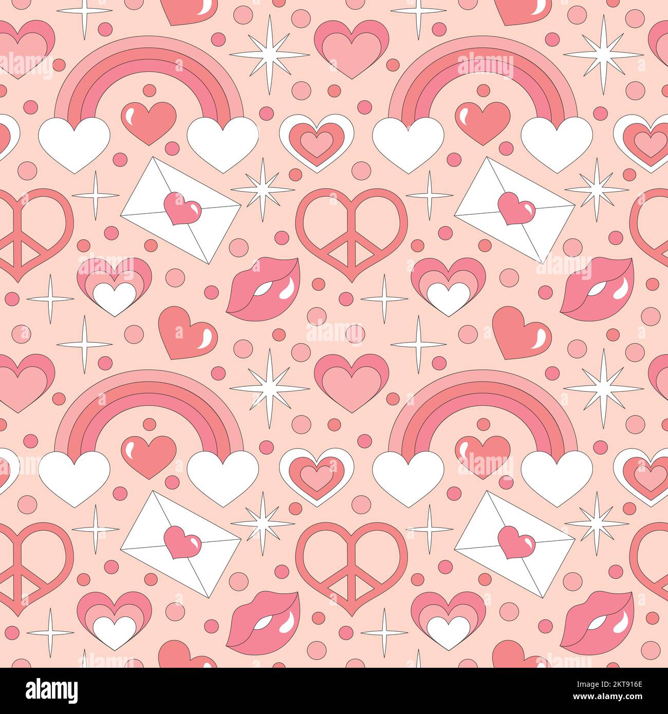 Seamless pattern with retro hearts and sparkles. Vector illustration ...