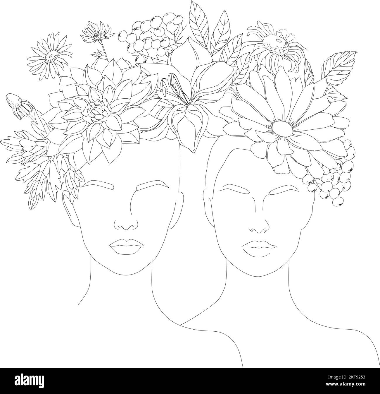 Two women with flowers on their heads. A woman with a flower face Stock ...