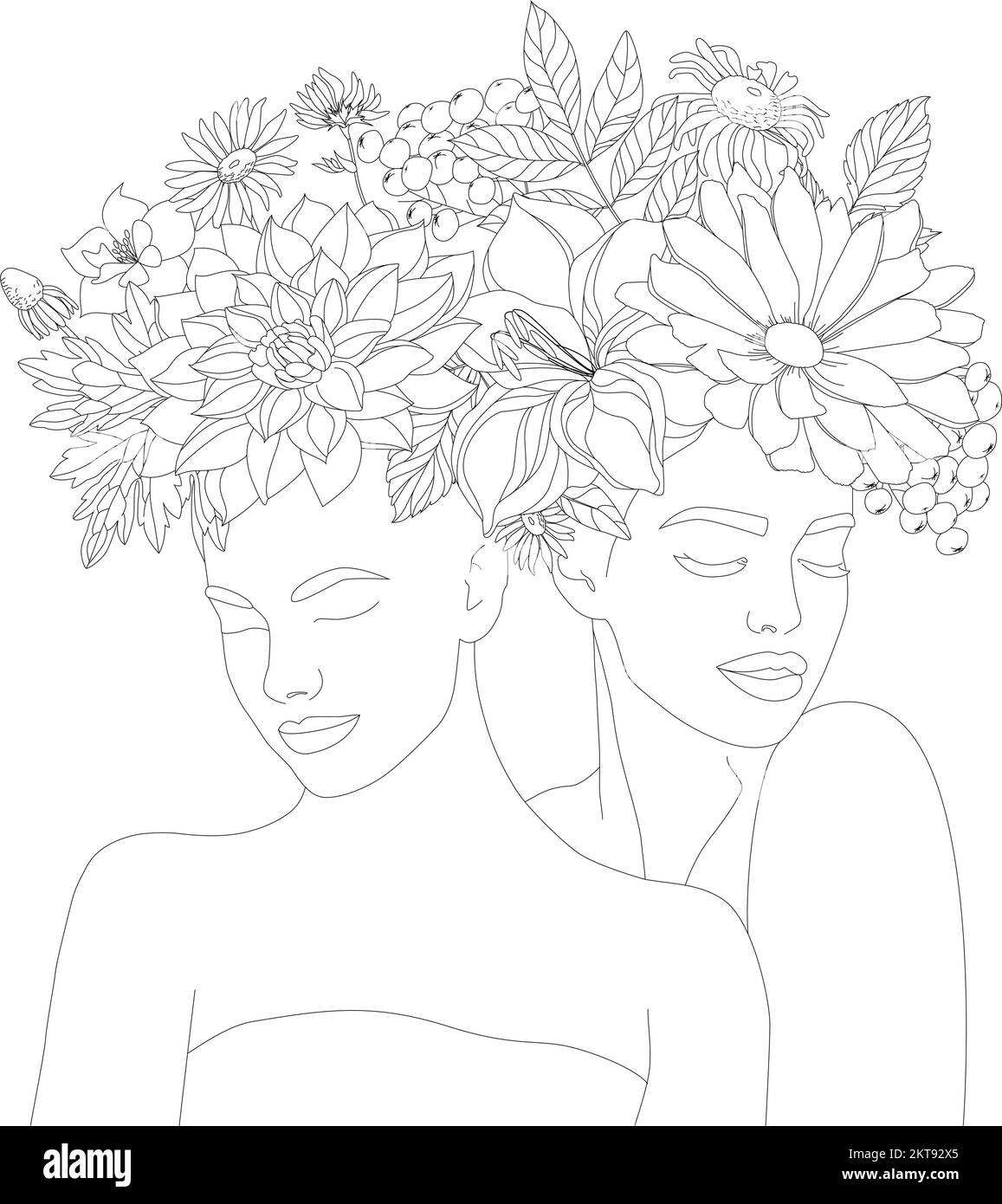 Two women with flowers on their heads. A woman with a flower face Stock ...
