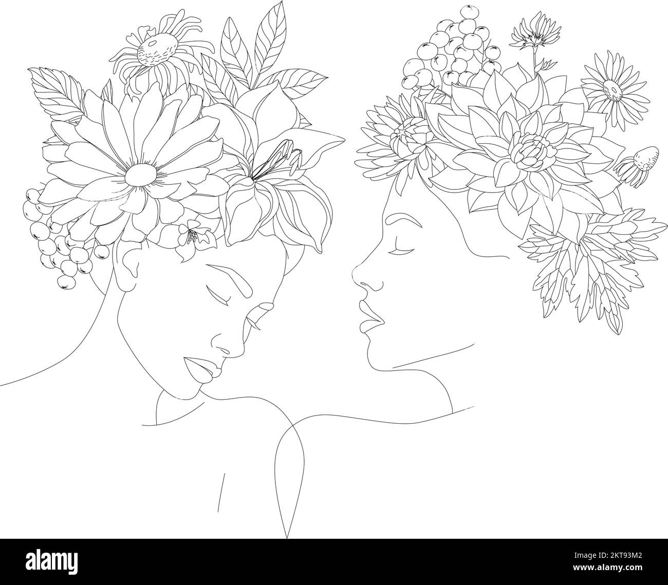 Two female faces. A female head with a vector drawing of a line of ...