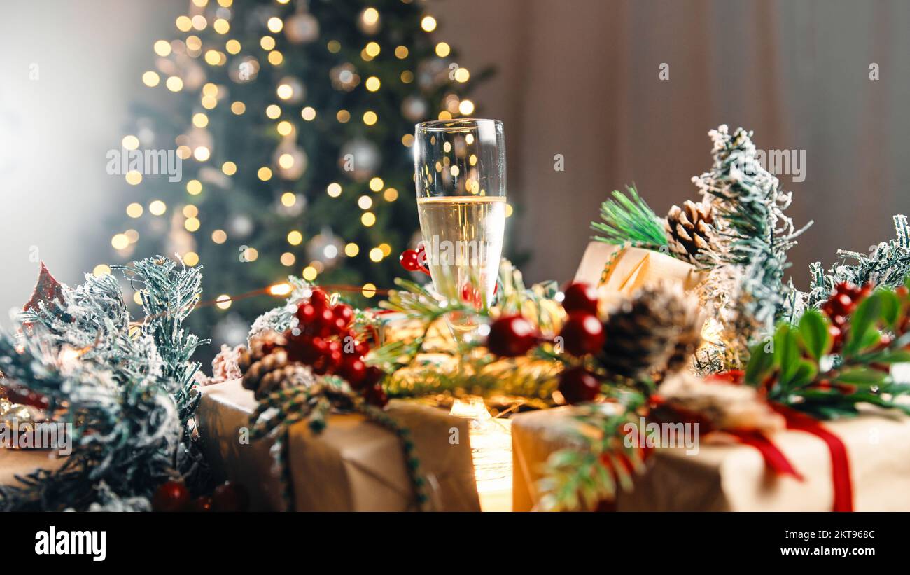 Champagne Goblet With Christmas Boxes Stock Photo - Alamy