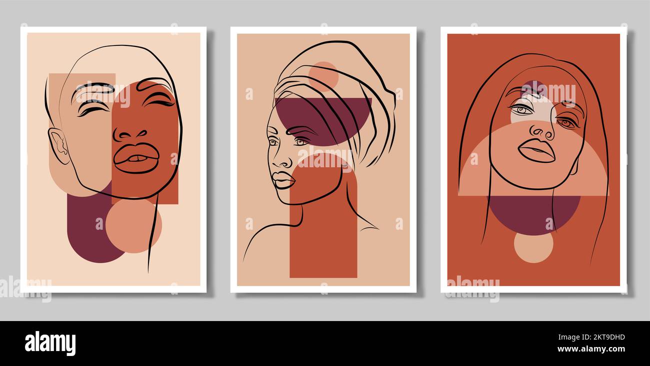 A set of three paintings. Drawing of the face line of an African woman ...