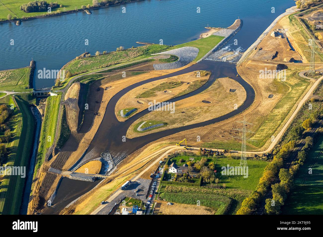 Aerial view of the old and the new mouth of the river Emscher on the ...