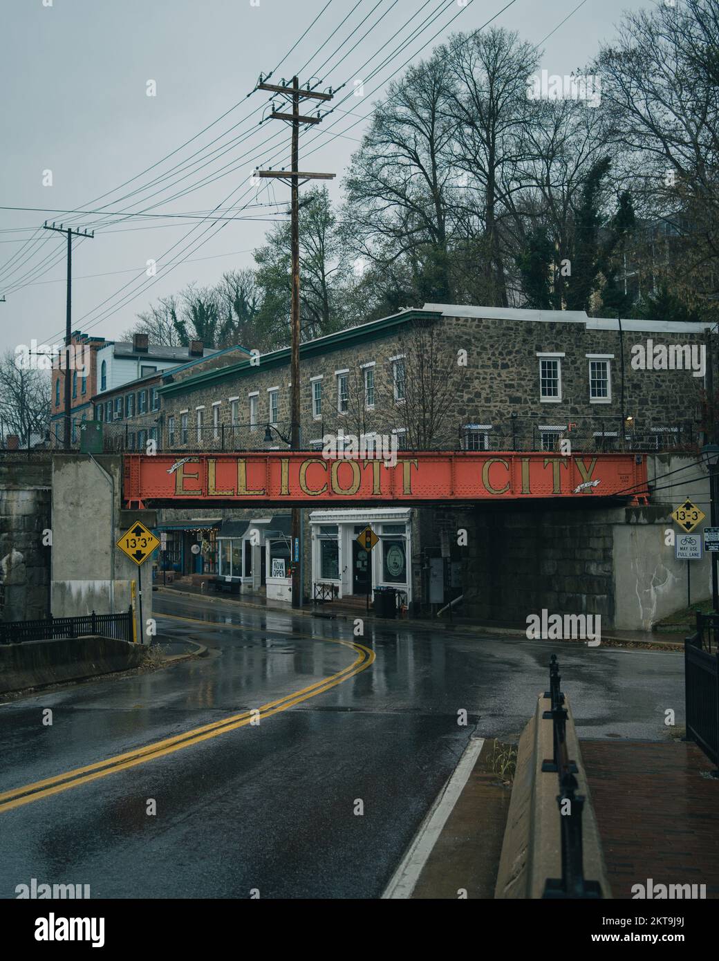 Train bridge over Main Street on a rainy morning, Ellicott City ...