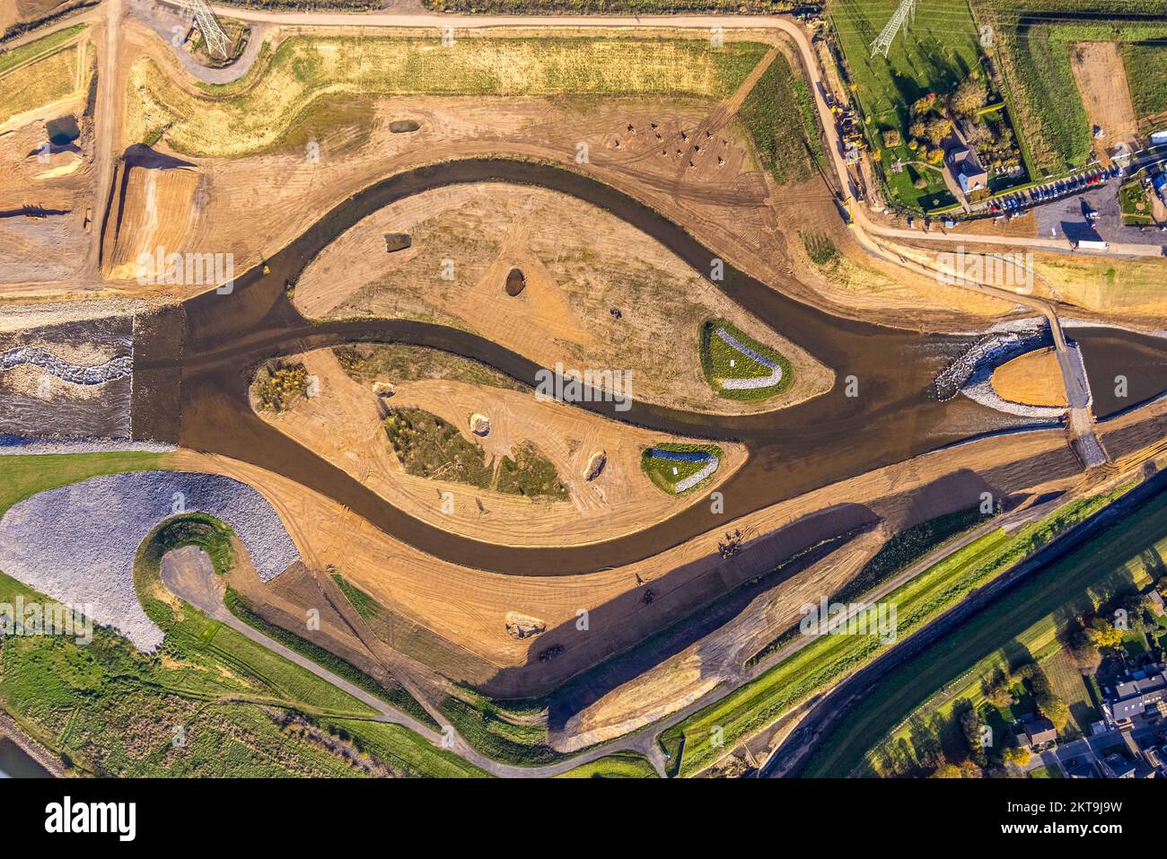 Aerial view of the old and the new mouth of the river Emscher on the ...