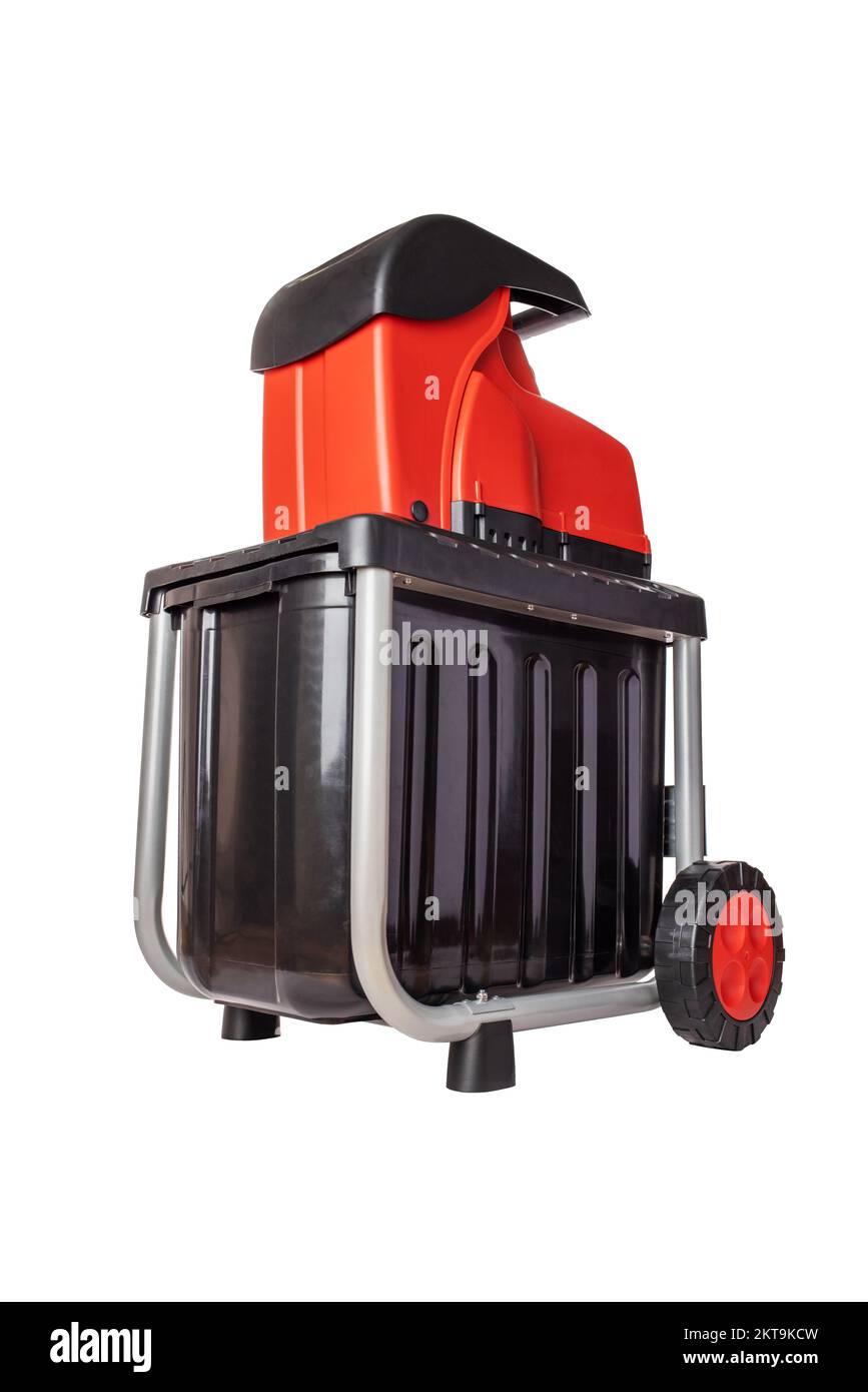 Electric wood shredder used for garden mulching, isolated on white ...