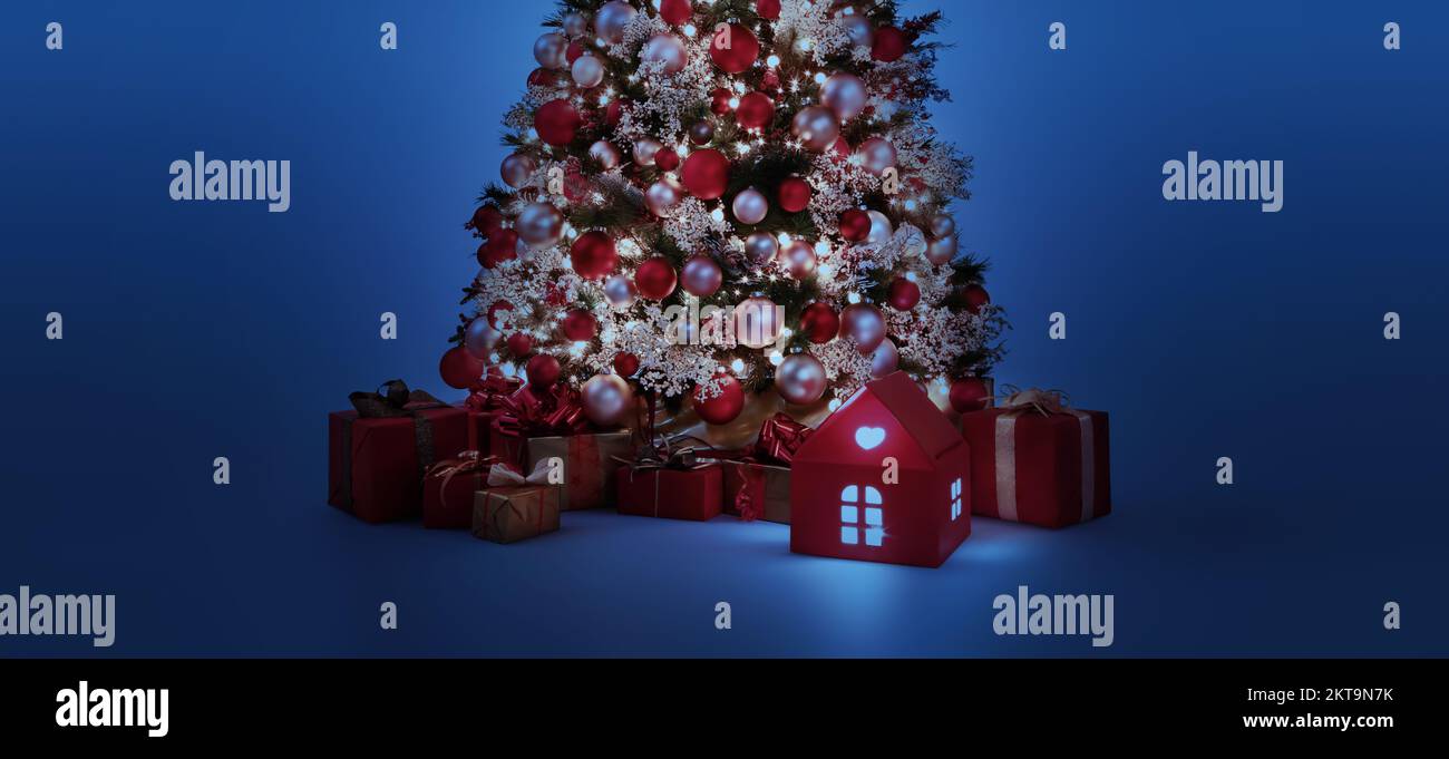 Decorated Christmas tree with balls, sparkling fairy lights and gift ...