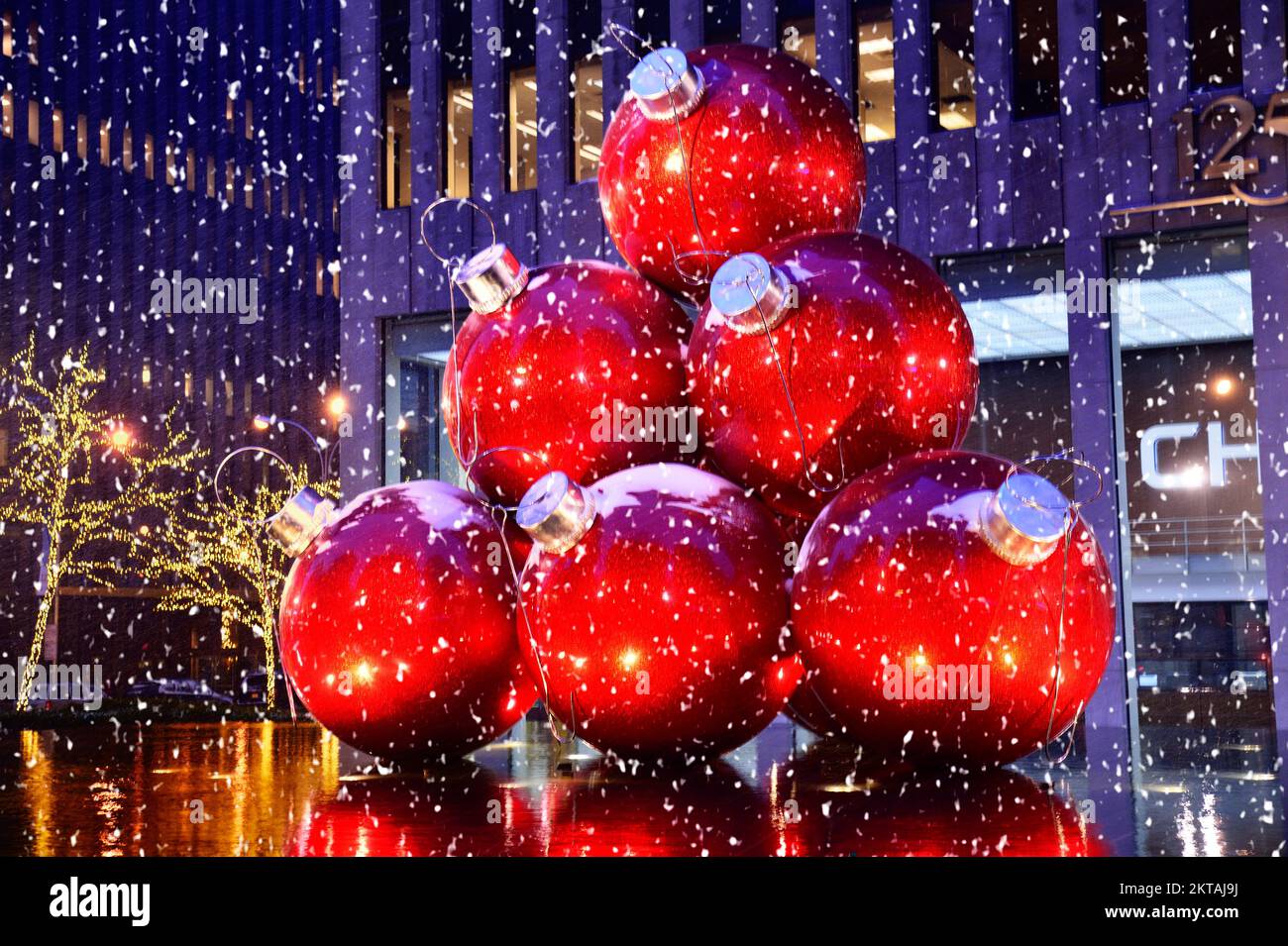 red christmas ornaments, radio city,snow New York City,New York,USA ...