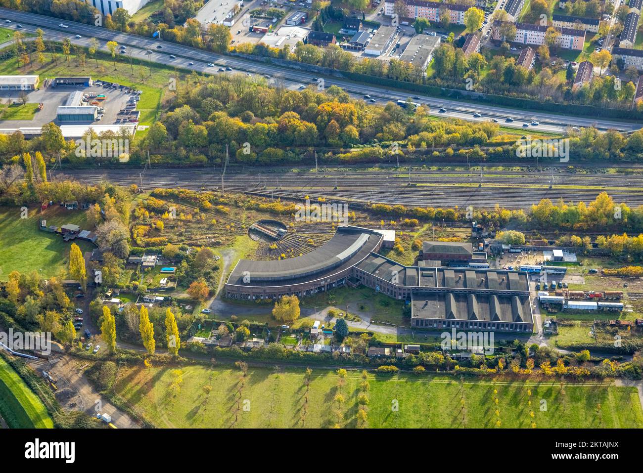 Aerial view, roundhouse, museum railroad depot Gelsenkirchen-Bismarck ...