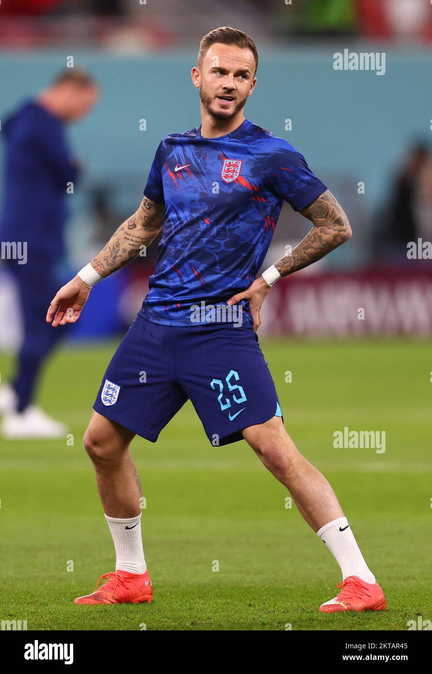Al Rayyan, Qatar, 29th November 2022. James Maddison of England warms ...
