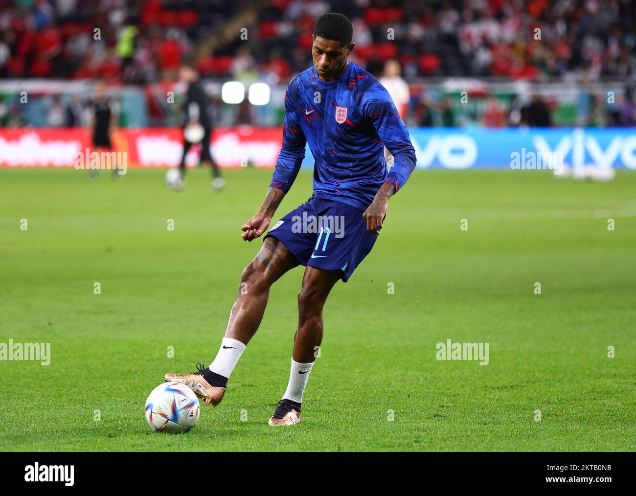 Al Rayyan, Qatar, 29th November 2022. Marcus Rashford of England warms ...