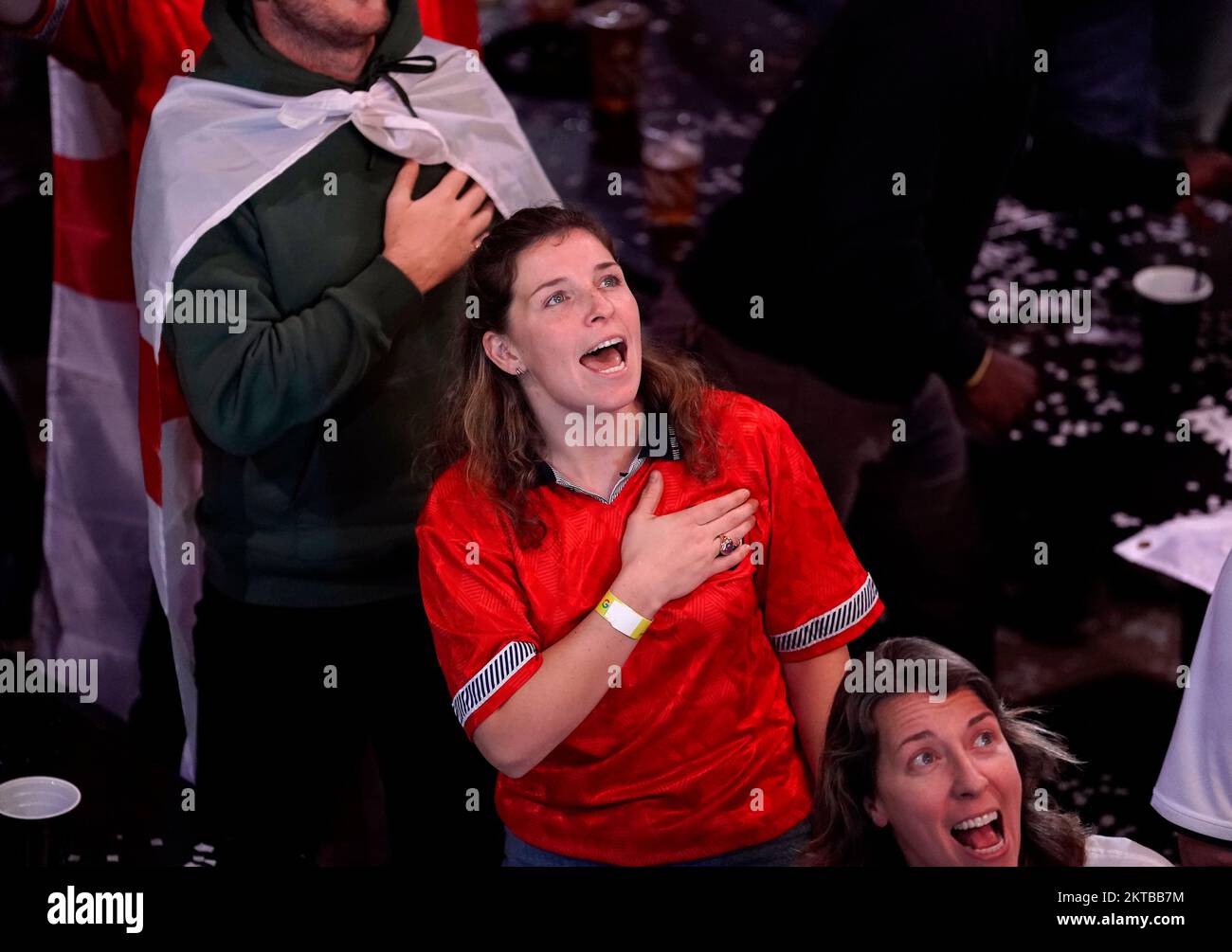 England fans sing the national anthem at BoxPark Wembley, during a ...