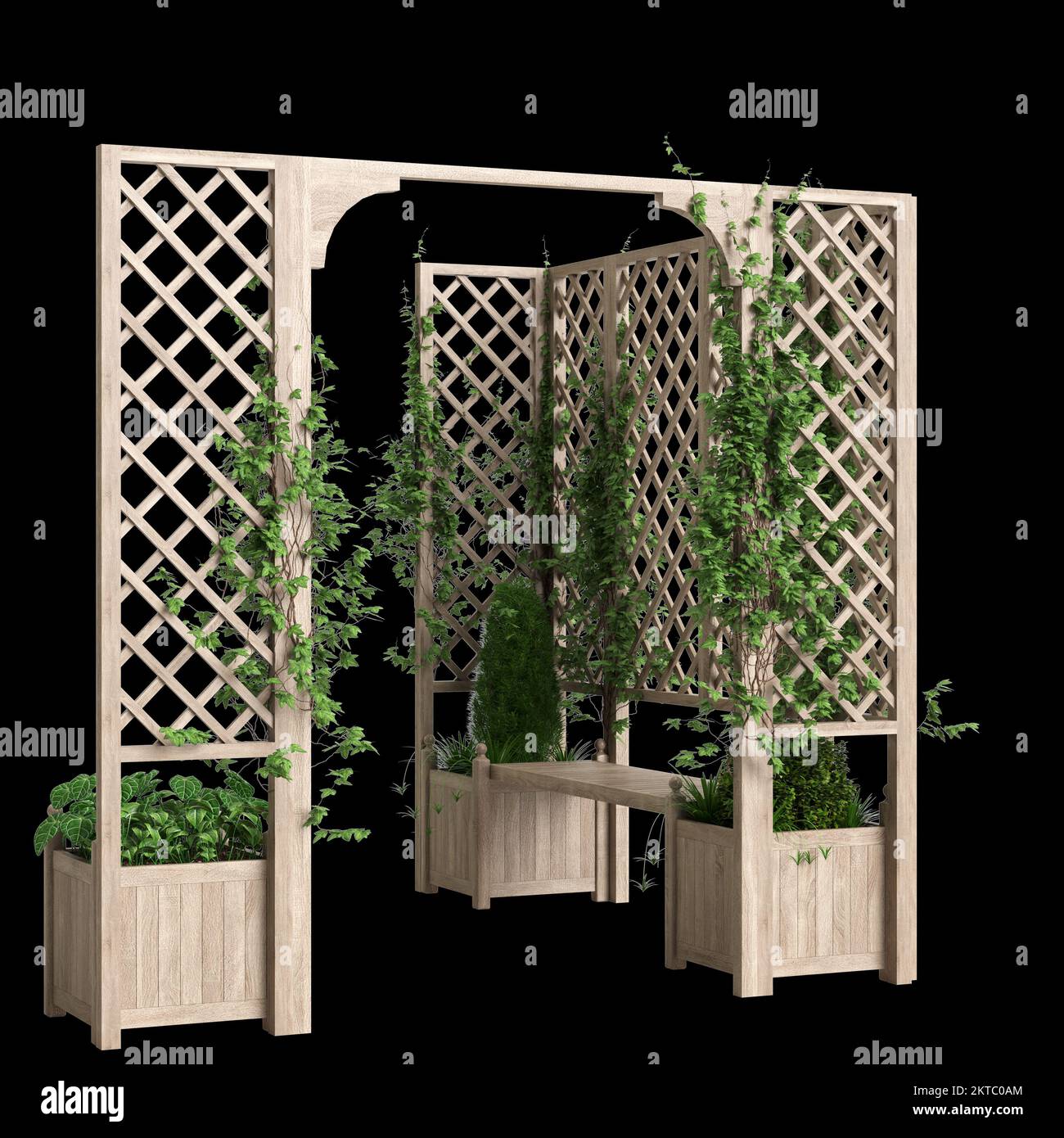 3d illustration of bench planter with trellis light wooden isolated on ...