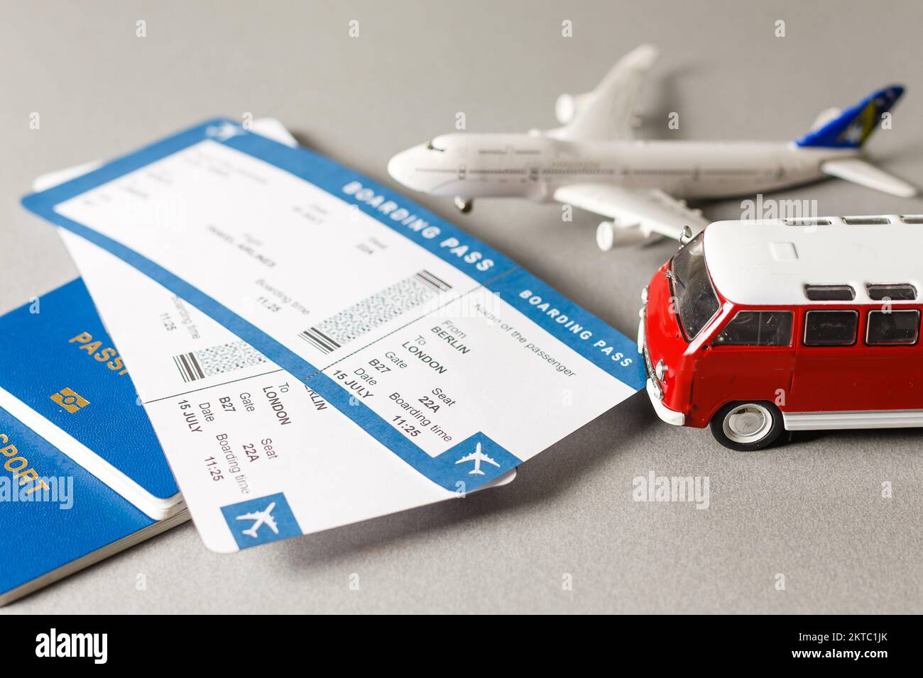 Mini toy bus, plane, passports, tickets travel idea for trip Stock ...