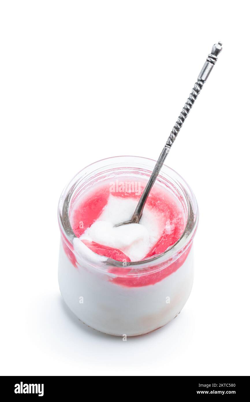 Fresh natural homemade organic yogurt with berry jam and chia seed in a ...