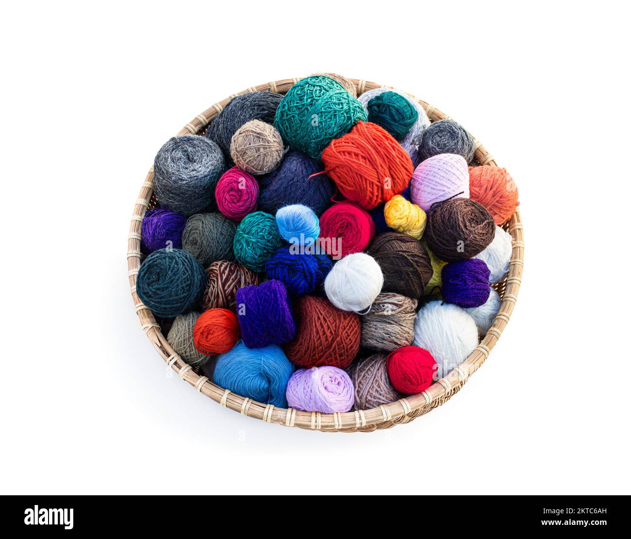 Coloured old thread balls in wicker basket isolated on white Stock ...