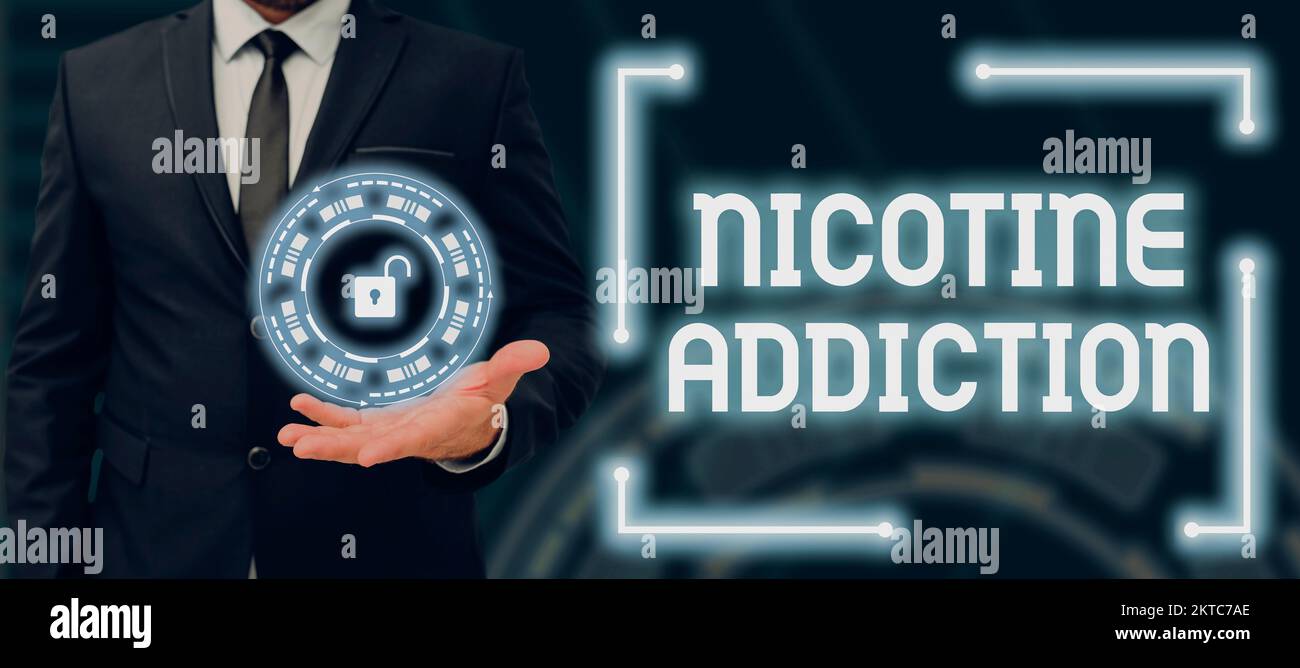 Text caption presenting Nicotine Addiction, Conceptual photo condition ...