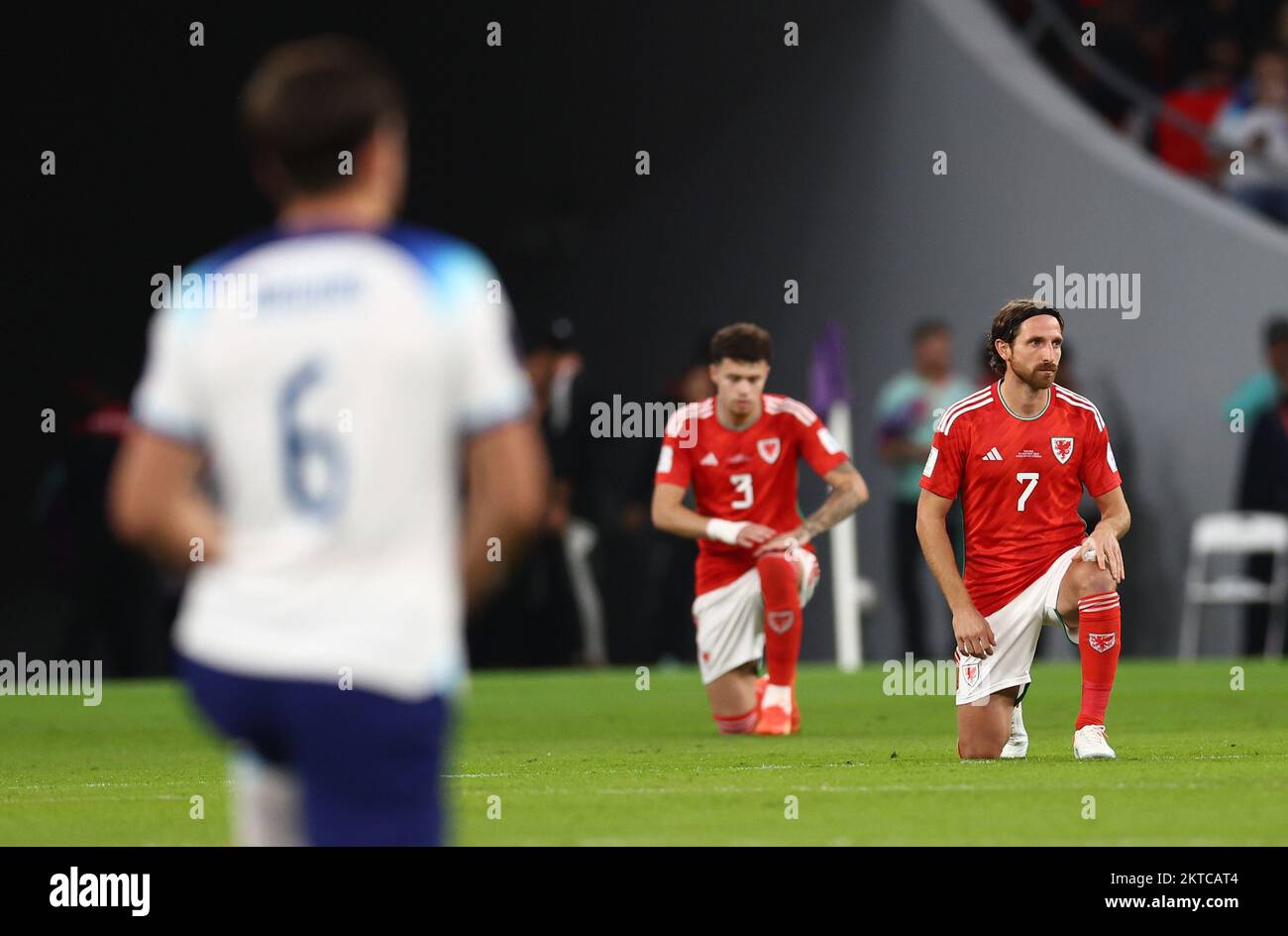 Al Rayyan, Qatar, 29th November 2022. Joe Allen of Wales takes a knee ...