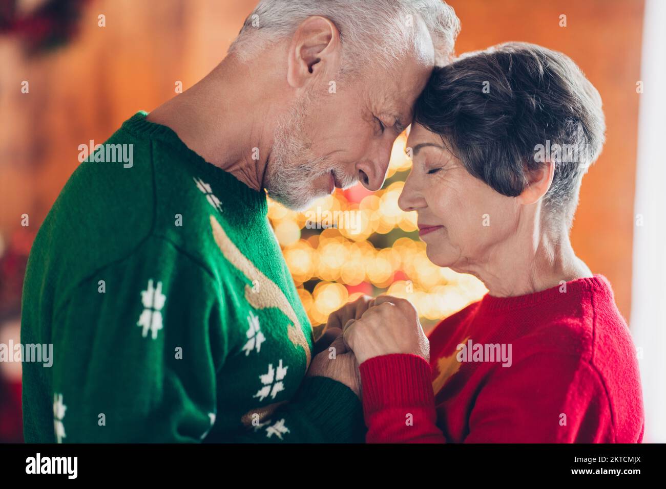 Side profile photo of two peaceful pensioners sweethearts closed eyes ...