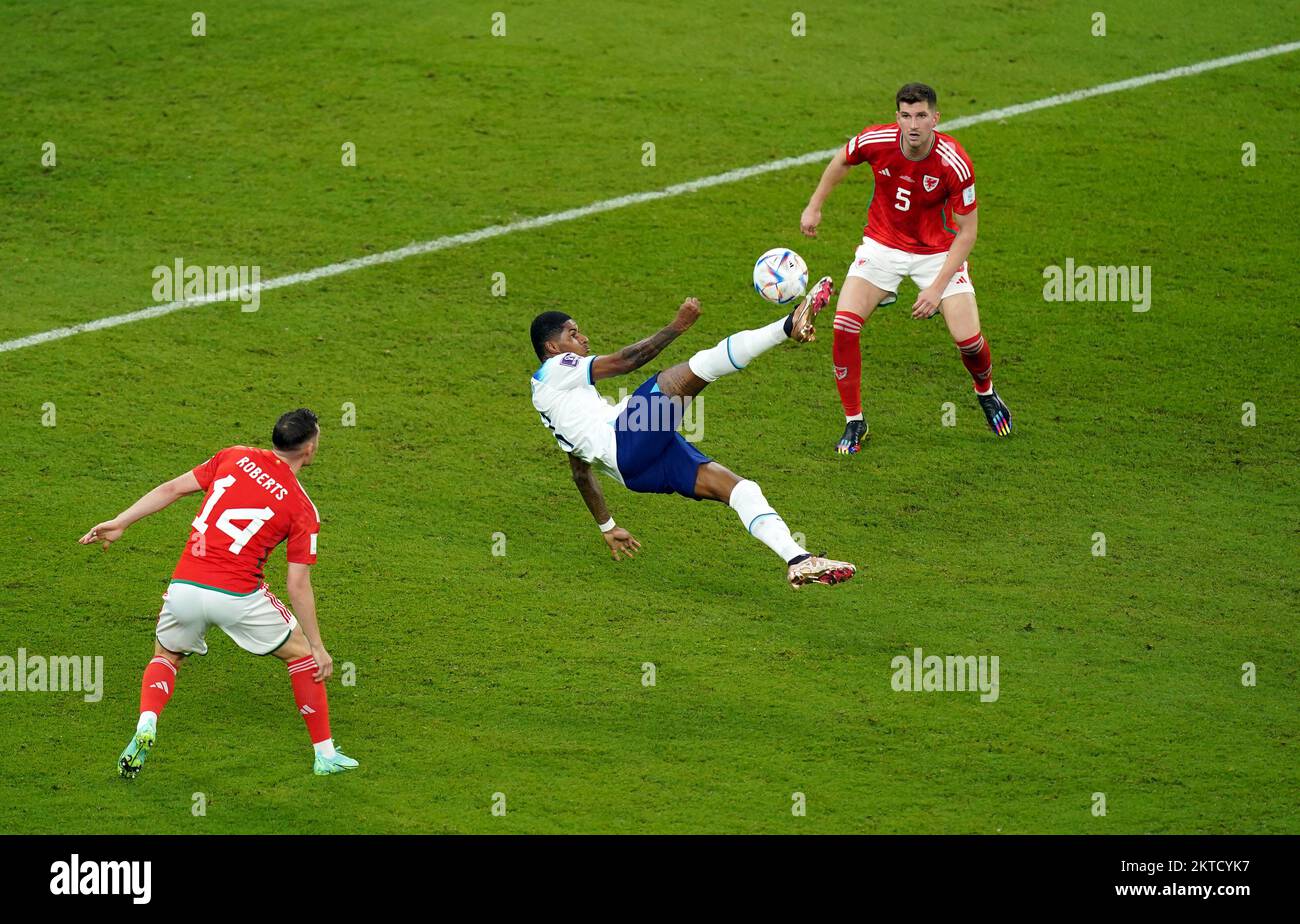 England's Marcus Rashford attempts an overhead kick during the FIFA ...