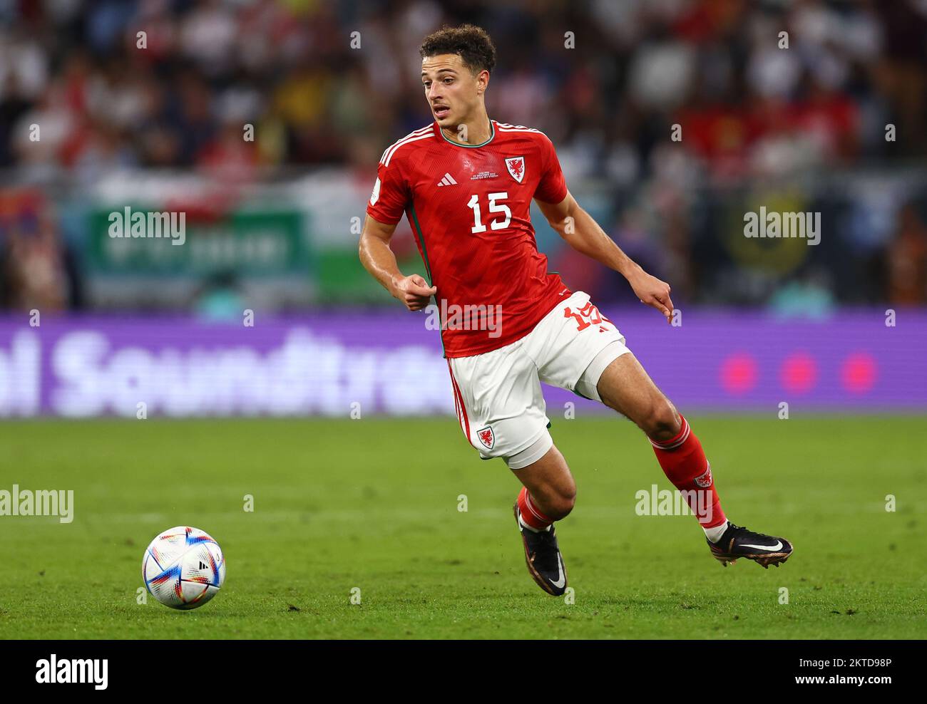 Al Rayyan, Qatar, 29th November 2022. Ethan Ampadu of Wales in action ...