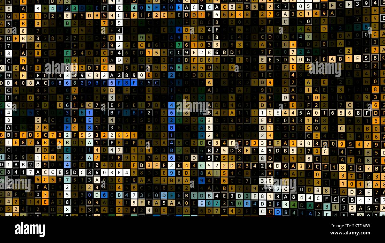 Background with lot of changing numbers. Animation. Multi-colored cells with numbers change and ...