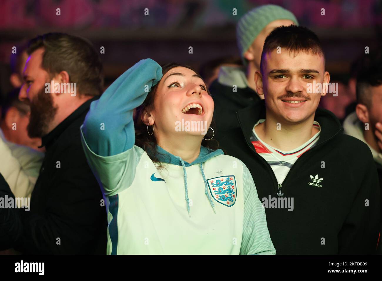 England fans react at the 4TheFans Fan Park at LDN East, London, during ...