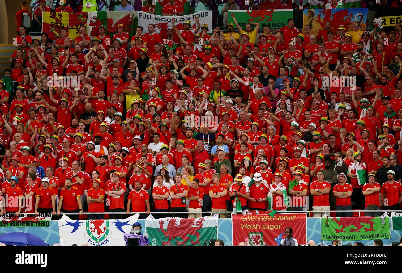 Al Rayyan, Qatar, 29th November 2022. Part of the “Red Wall” Wales fans ...