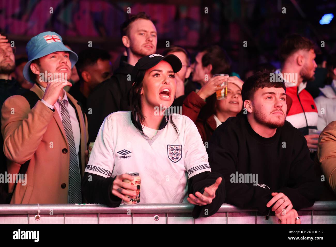 England fans react at the 4TheFans Fan Park at LDN East, London, during ...