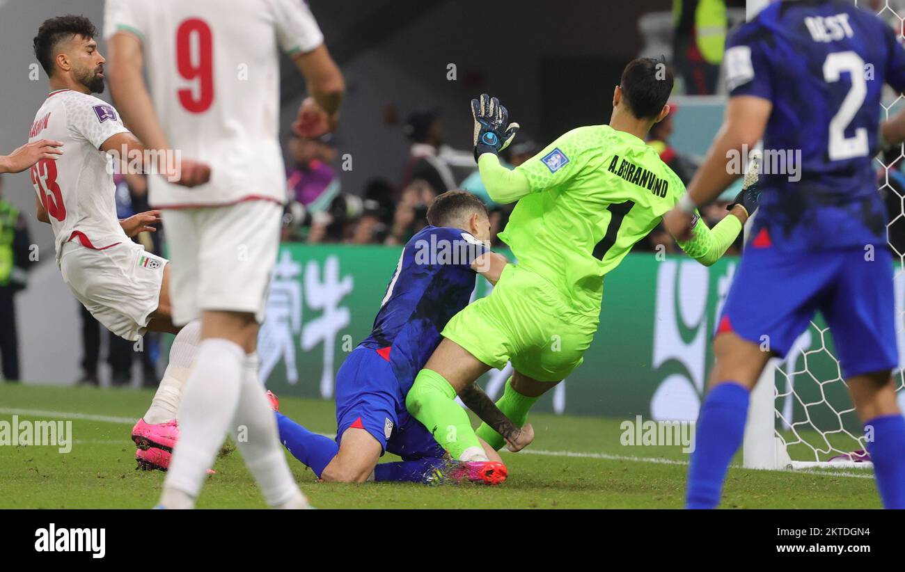 US Christian Pulisic and Iranian goalkeeper Alireza Beiranvand fight ...