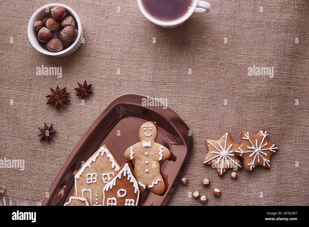 Aesthetics gingerbread cookies with cup of cocoa, star anise and hazel ...