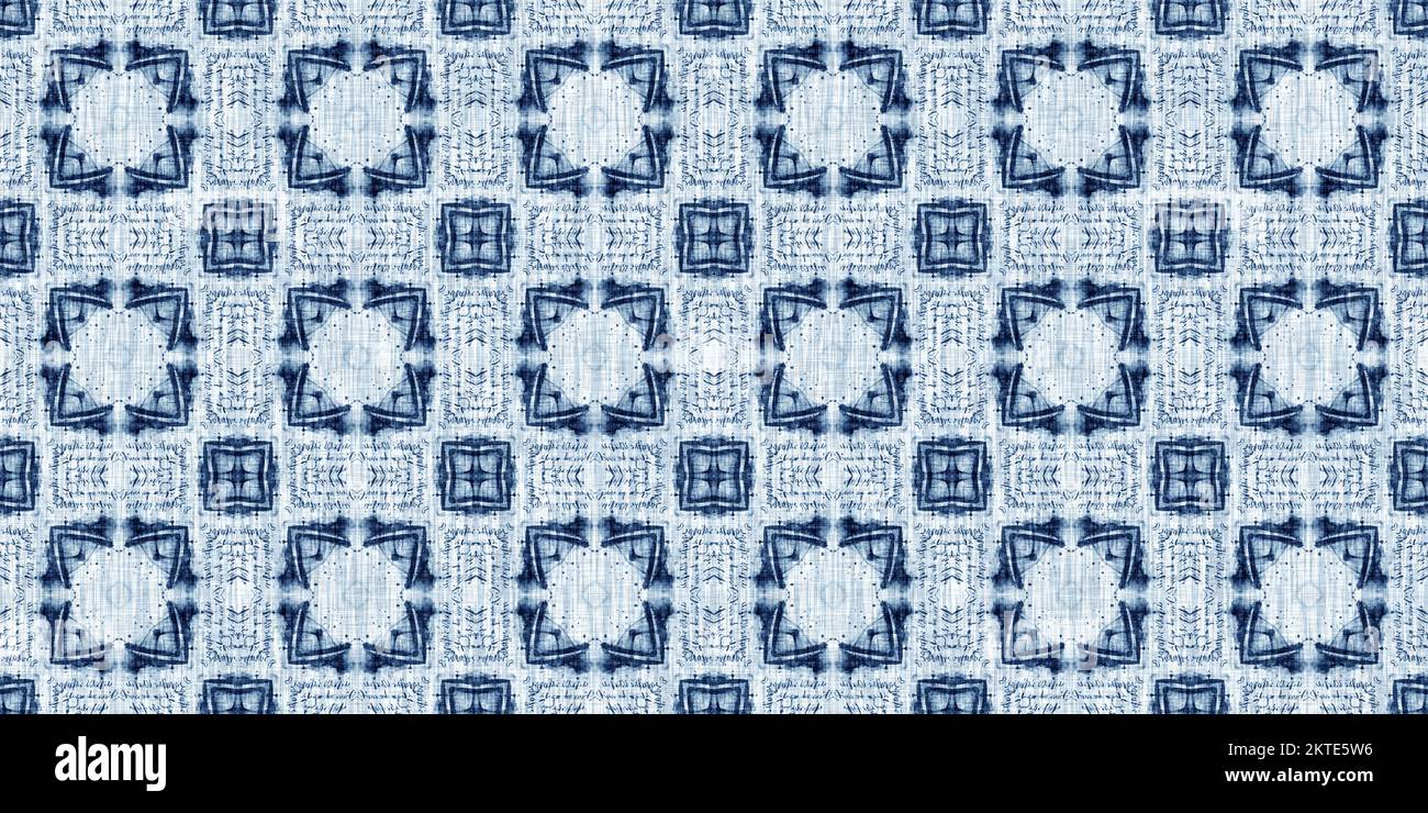 Indigo dye wash coastal damask seamless border pattern. Washed out ...