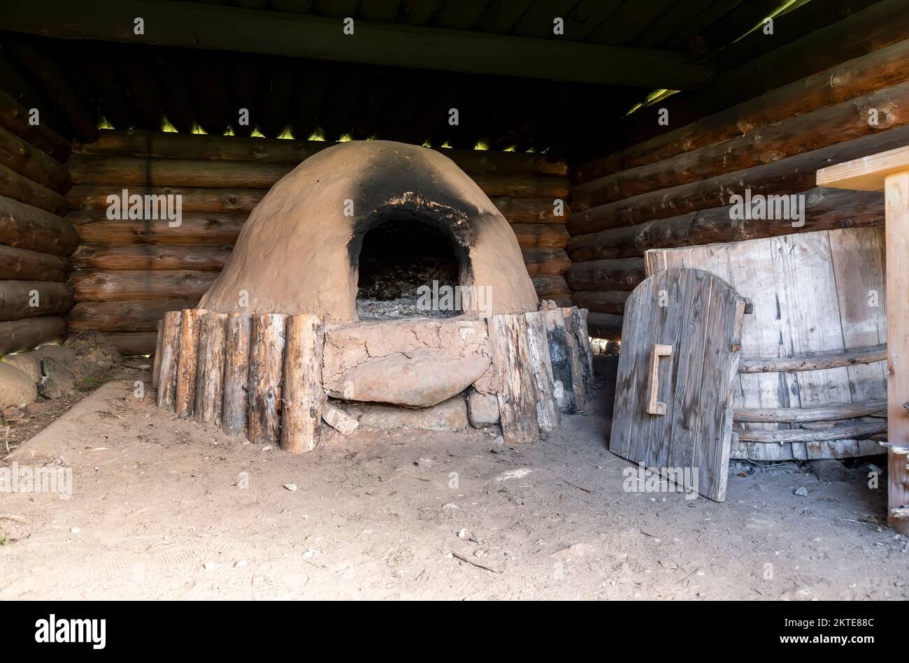 Ancient slavic village. Interiot of the ancient wooden residential ...