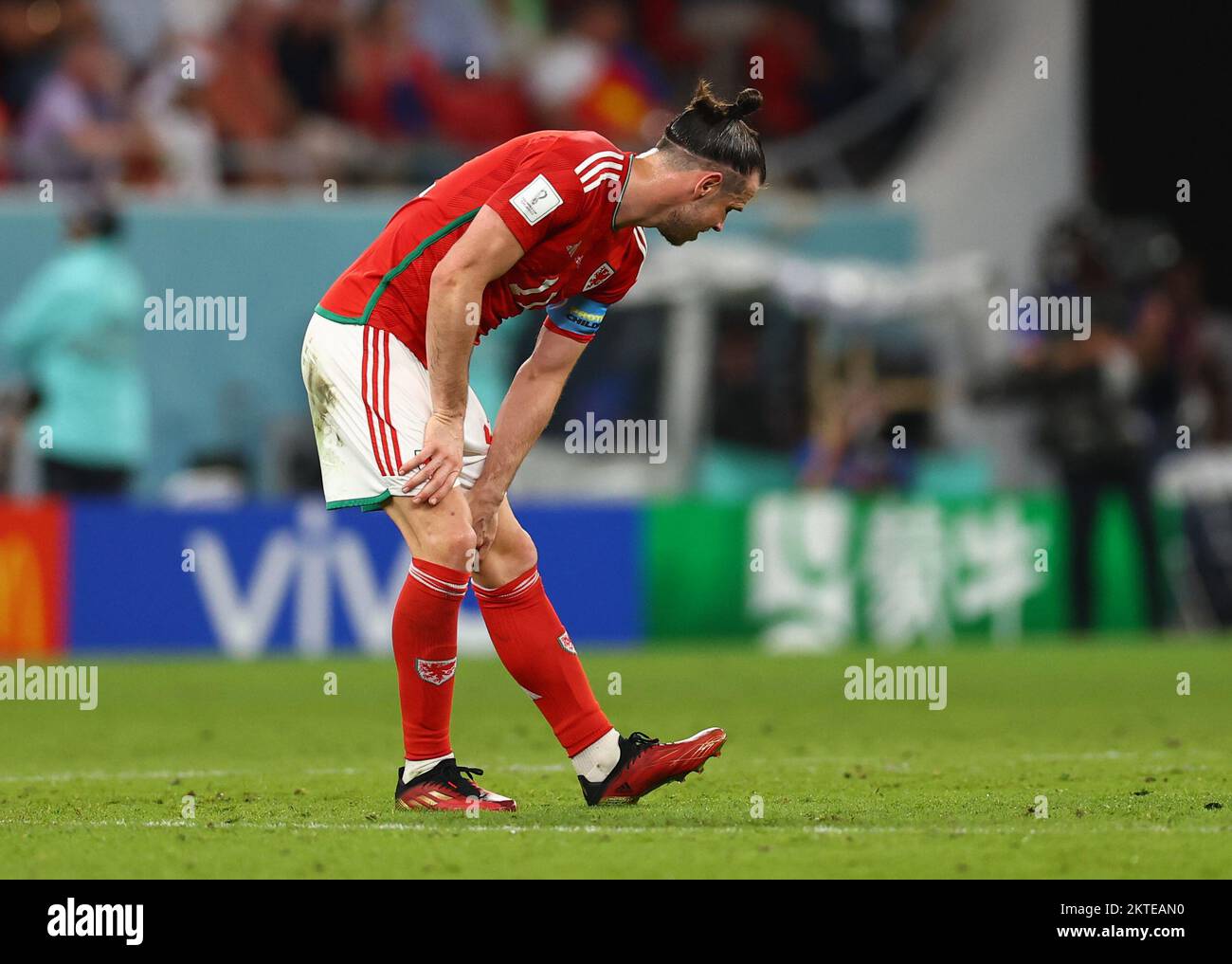 Al Rayyan, Qatar, 29th November 2022. Gareth Bale of Wales holds his ...