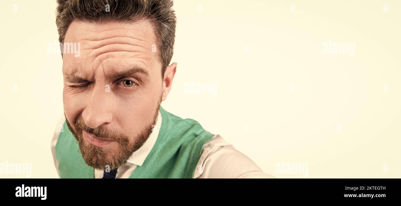 Man face portrait, banner with copy space. grizzled man closeup ...