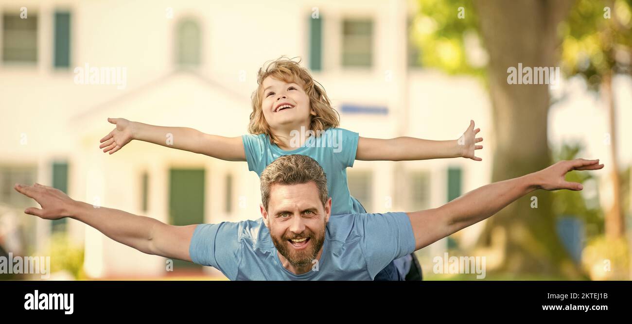 Banner of father and son in summer park outdoor. free day of happy ...