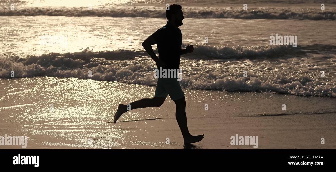 Man running and jumping, banner with copy space. athlete run fast to ...