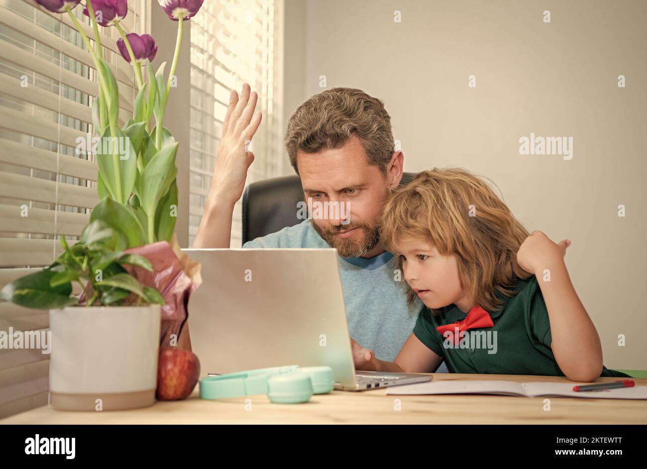 boy do homework with private teacher. webinar video lesson. online ...