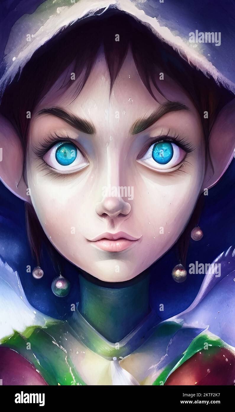 Christmas elf, digital watercolor painting portrait of christmas ...