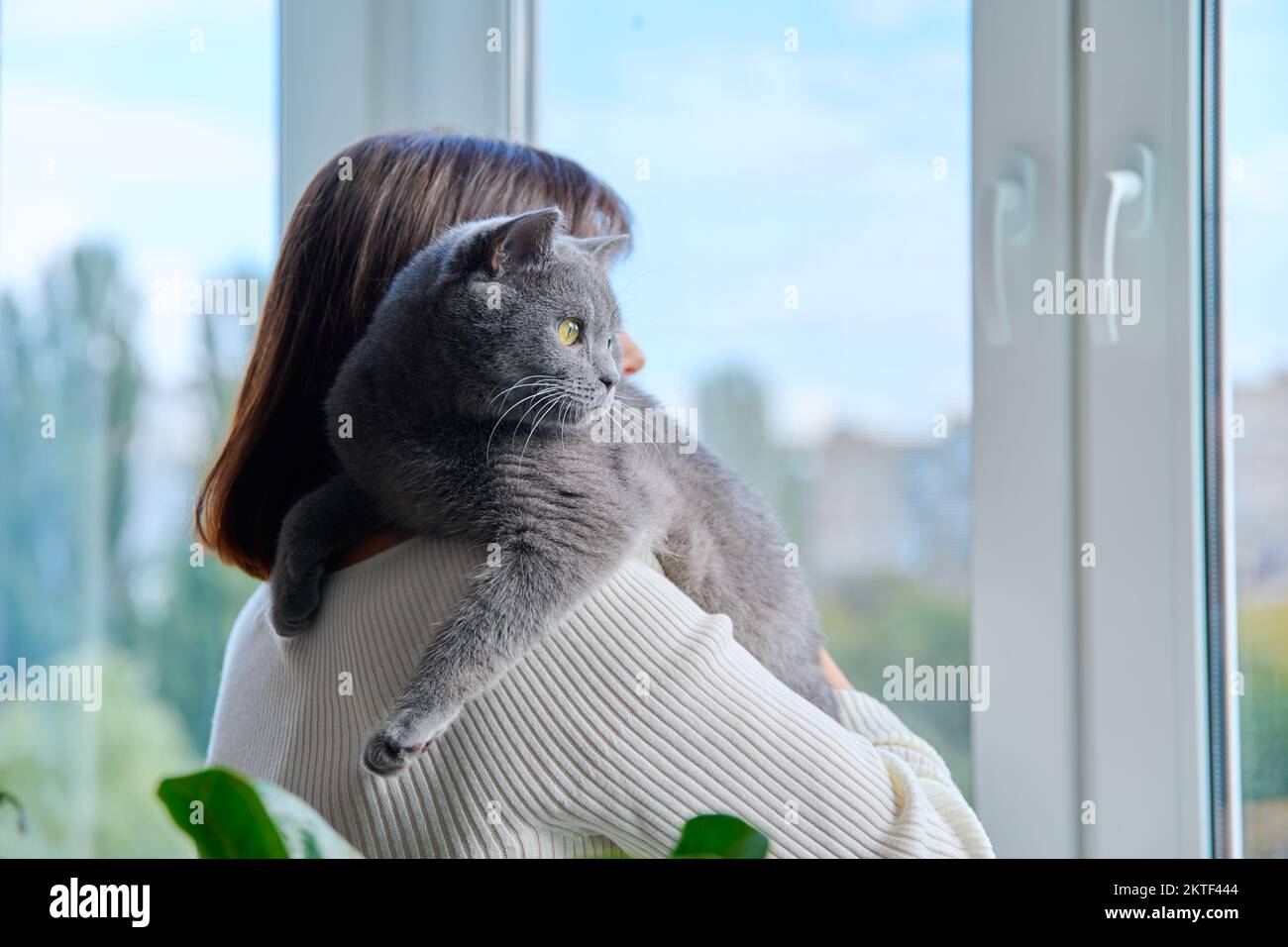 Woman hugging cat, holding pet in her arms, looking out the window ...