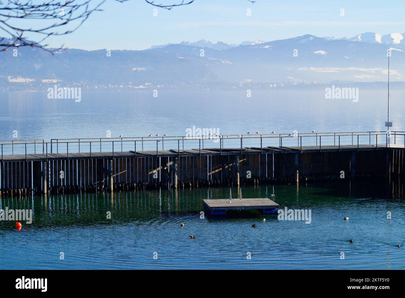 empty open air swimming pool on Lindau island on wintery lake Constance ...