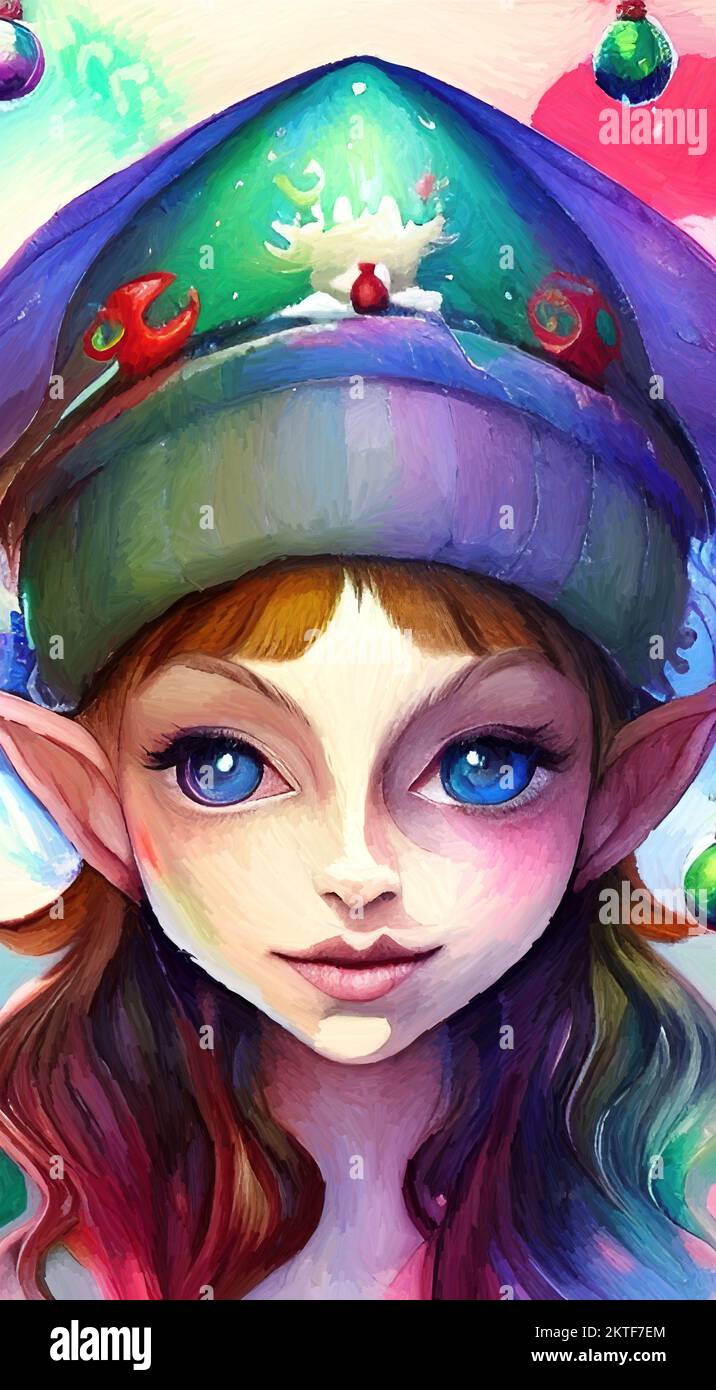 Christmas elf, digital watercolor painting portrait of christmas ...