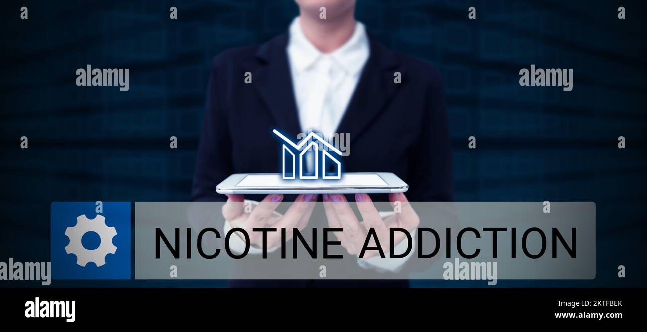 Hand writing sign Nicotine Addiction, Business showcase condition of ...