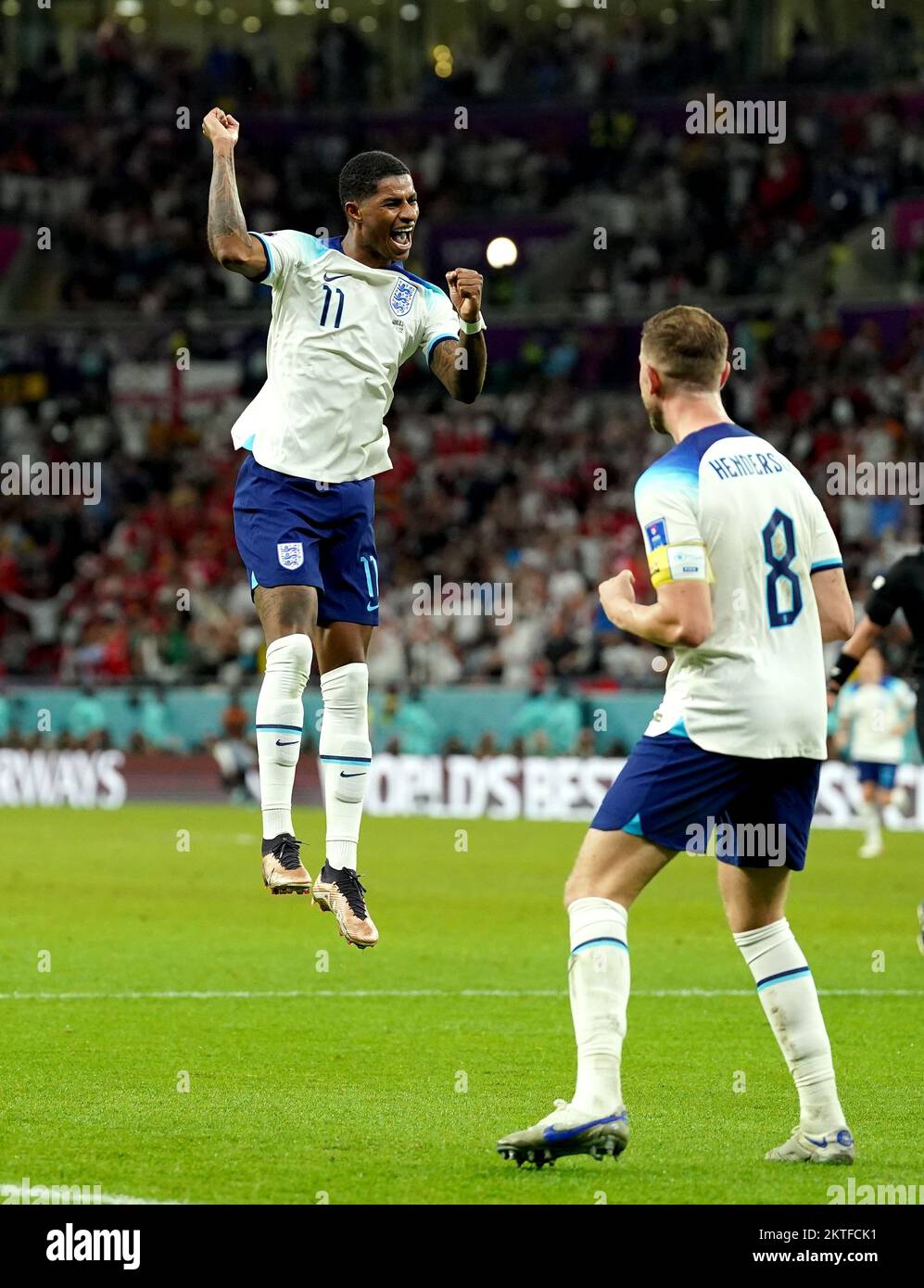 England's Marcus Rashford celebrates scoring their third goal of the ...