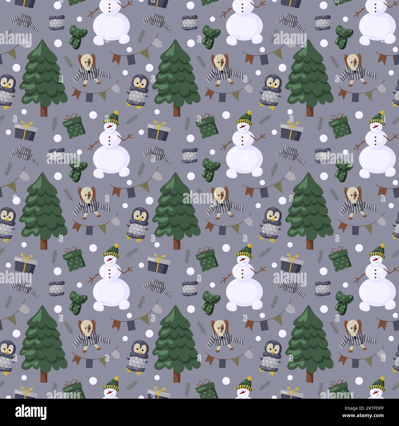 Christmas seamles pattern with tree, santa, decoration, gifts ...