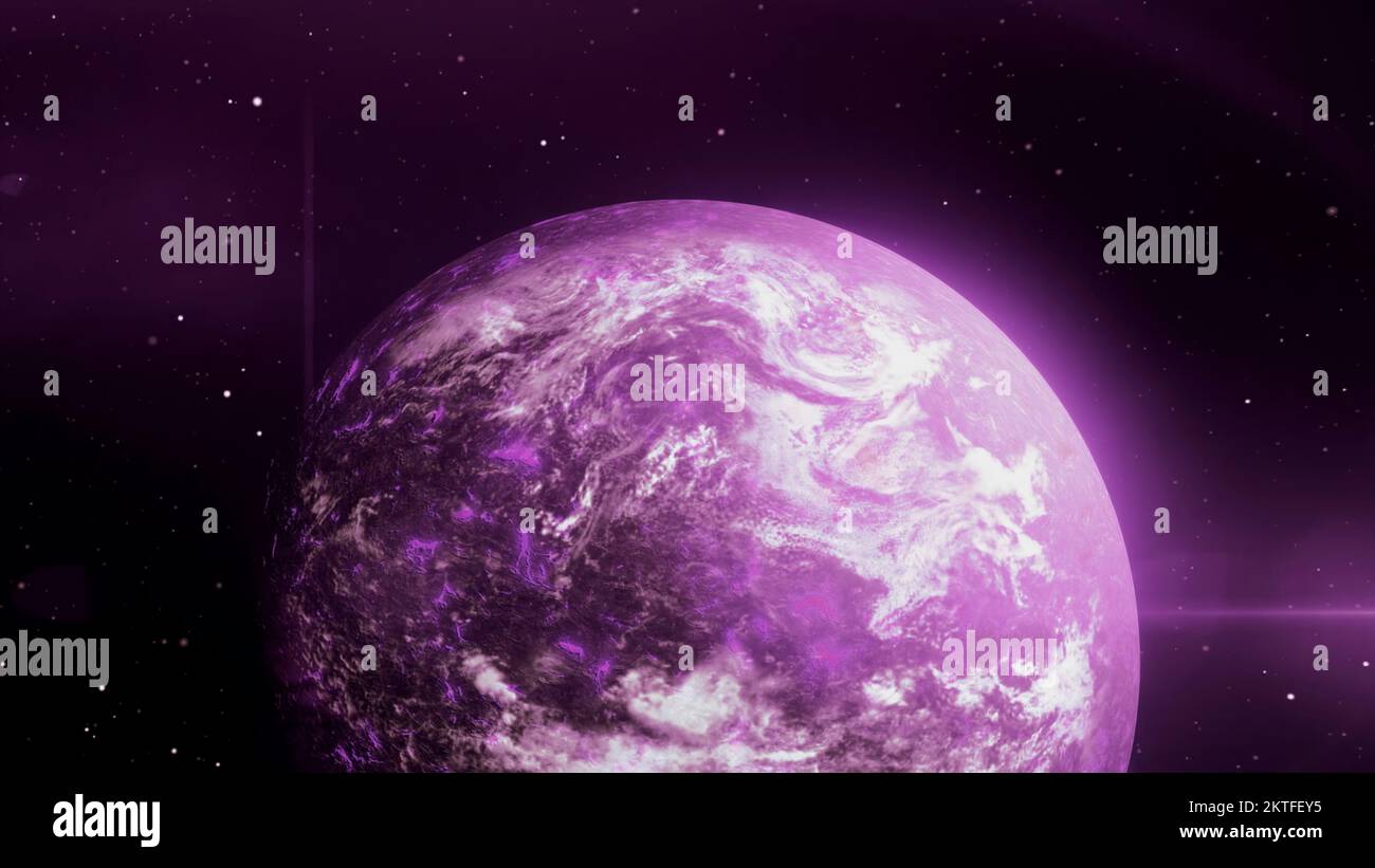 Bright glowing planet in space. Motion. 3D planet rotates in outer ...