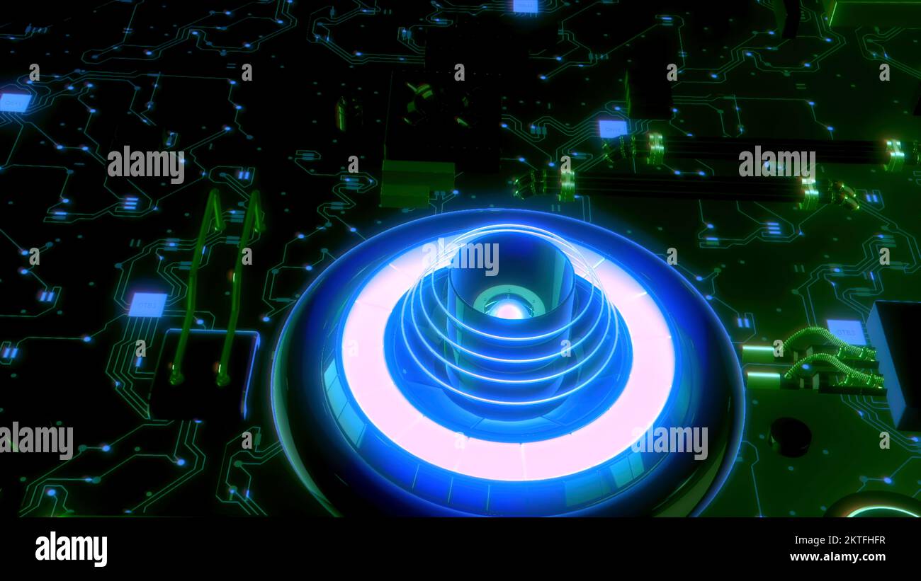 Glowing network lines in chip. Motion. Glowing lines of chip lead to generator. Bright glowing ...