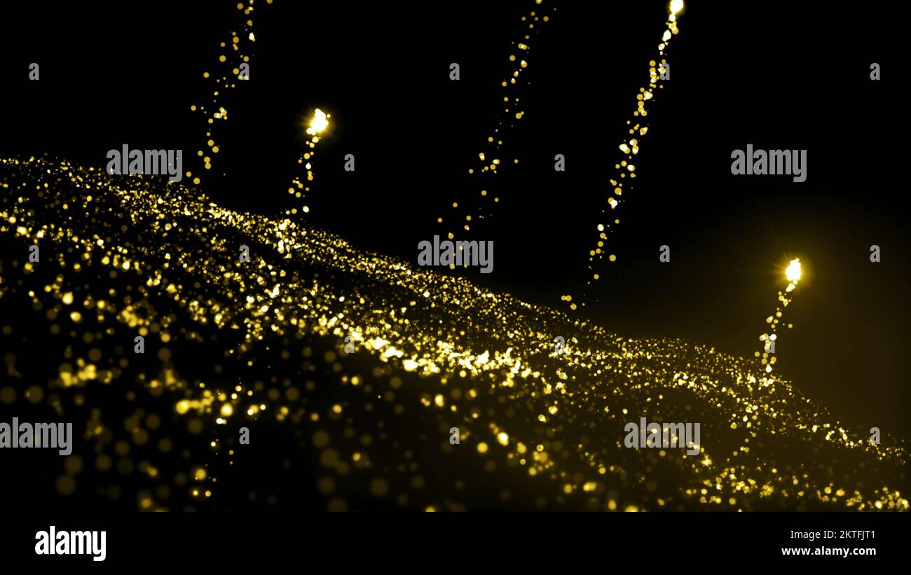 Glowing dots rise above waves of energy. Motion. Meteors rise from ...